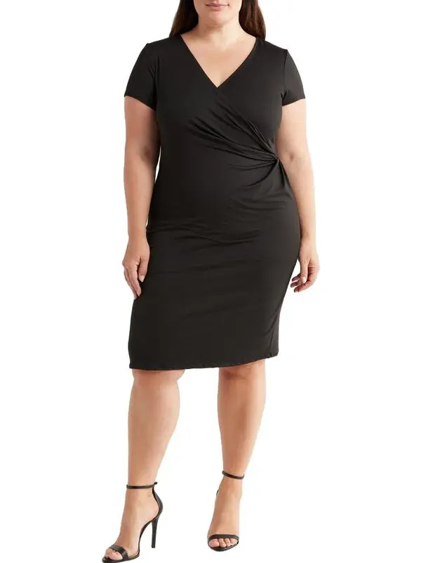 24SEVEN COMFORT APPAREL V-neck Faux Wrap Dress - Black