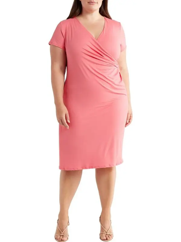24SEVEN COMFORT APPAREL V-neck Faux Wrap Dress - Coral
