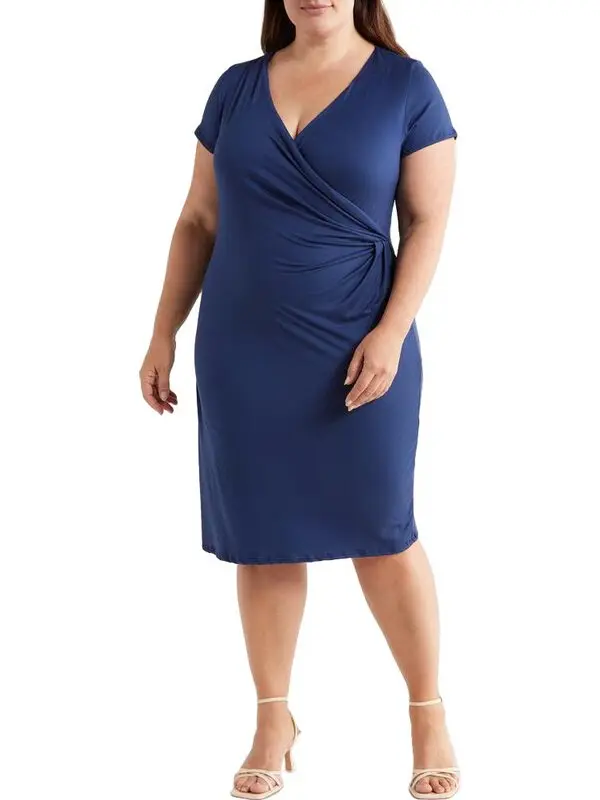 24SEVEN COMFORT APPAREL V-neck Faux Wrap Dress - Navy