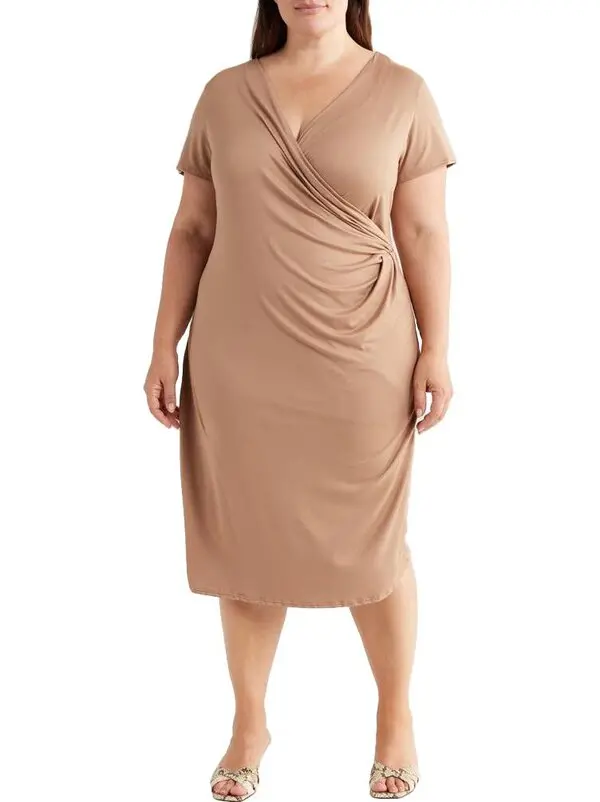 24SEVEN COMFORT APPAREL V-neck Faux Wrap Dress - Taupe