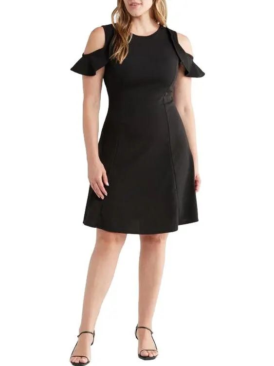 24SEVEN COMFORT APPAREL Ruffle Cold Shoulder A-line Dress - Black
