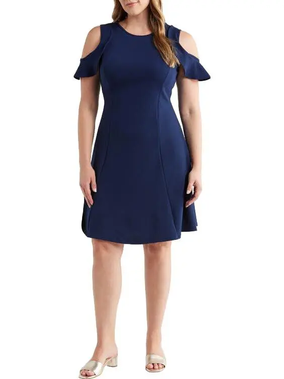 24SEVEN COMFORT APPAREL Ruffle Cold Shoulder A-line Dress - Navy