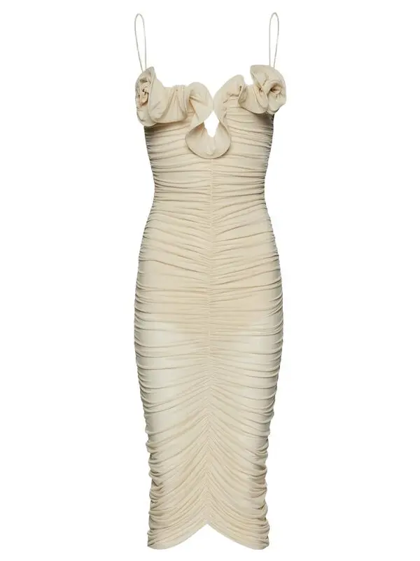 Magda Butrym Sheer Ruched Ruffle Midi Dress - Beige