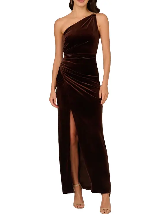 Adrianna Papell One-shoulder Velvet Gown - Dark Brown
