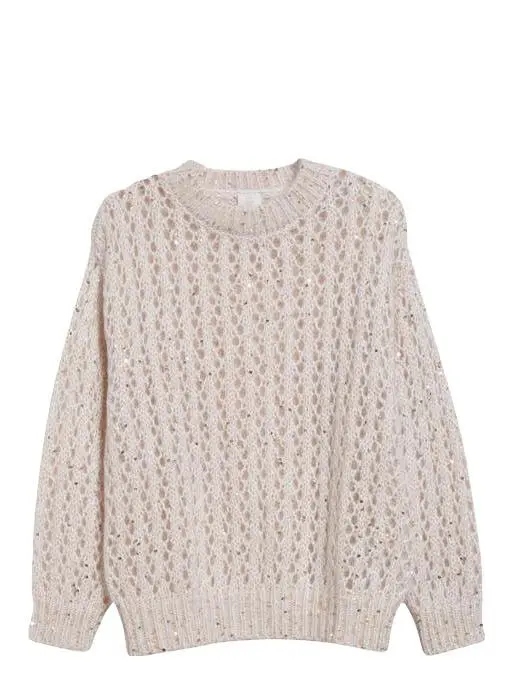 Eleventy Sequin Openwork Crewneck Sweater - 00 Blush Ivory