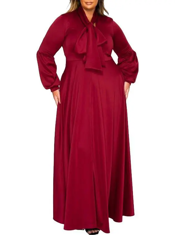 L I V D Bella Donna Long Sleeve Ribbon Tie Maxi Dress - Burgundy