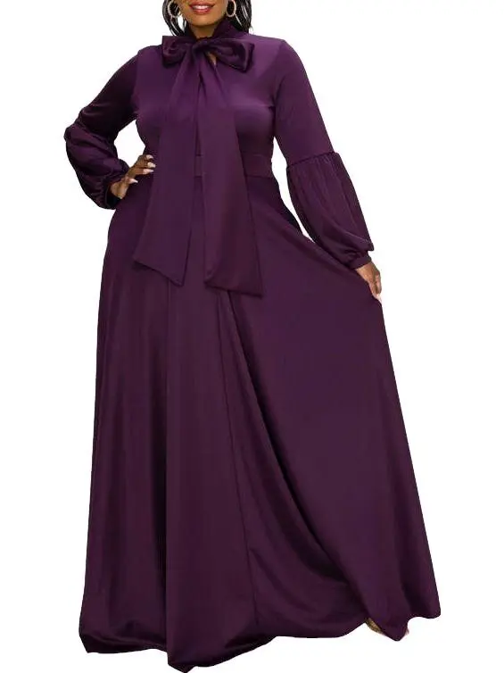 L I V D Bella Donna Long Sleeve Ribbon Tie Maxi Dress - Dark Eggplant