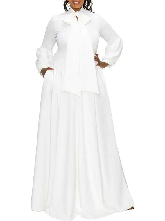 L I V D Bella Donna Long Sleeve Ribbon Tie Maxi Dress - Ivory