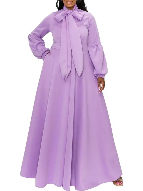 L I V D Bella Donna Long Sleeve Ribbon Tie Maxi Dress - Lilac