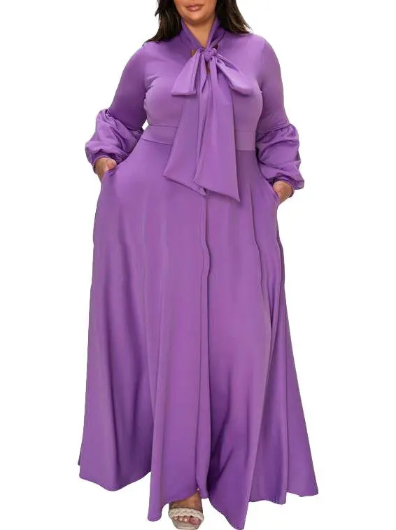 L I V D Bella Donna Long Sleeve Ribbon Tie Maxi Dress - Lilac