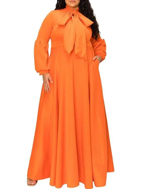 L I V D Bella Donna Long Sleeve Ribbon Tie Maxi Dress - Tangerine