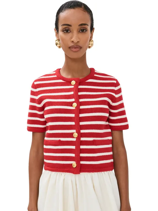 English Factory Knit Striped Cardigan - Red/white