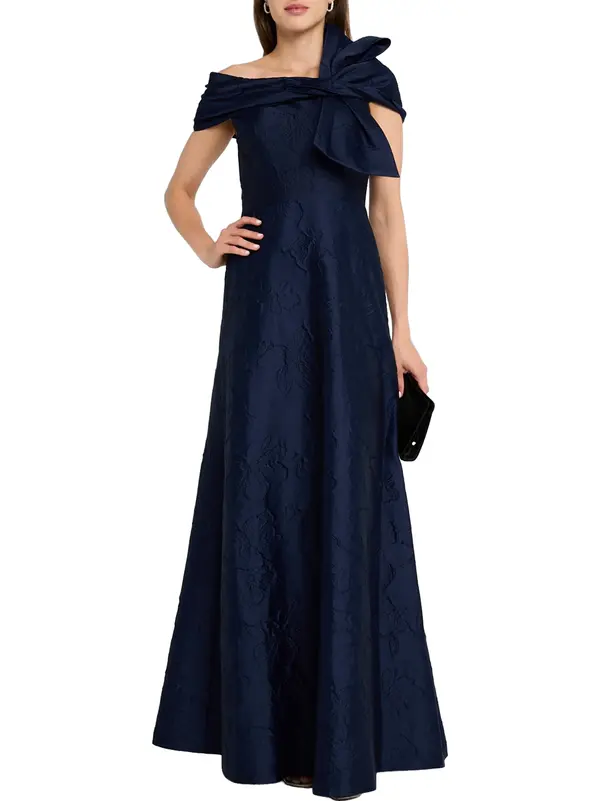 Rickie Freeman For Teri Jon Off-shoulder Floral Jacquard Gown - Dark Navy