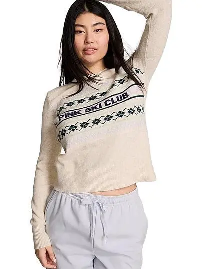 Pink Collegiate Knit Crewneck Sweater - Beige