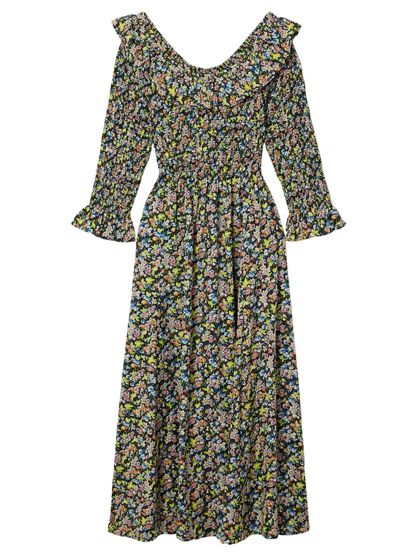 DÔEN Rosenda Ruffled Shirred Floral-print Midi Dress - Green