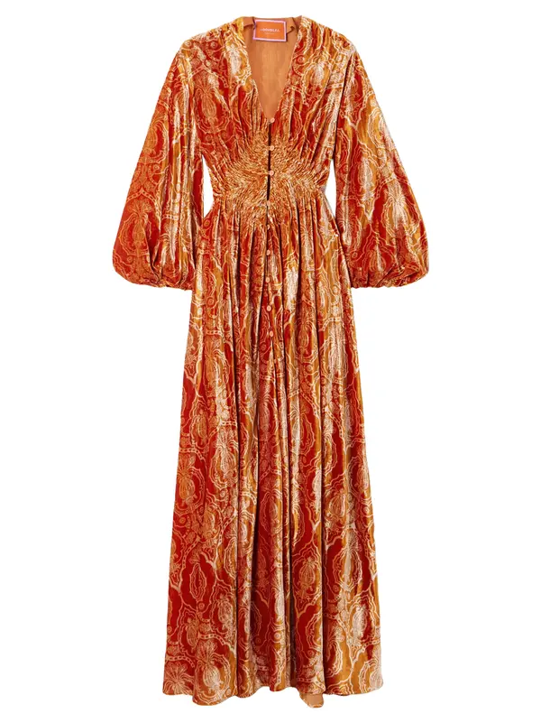 La DoubleJ Camerino Printed Velvet Maxi Dress - Orange