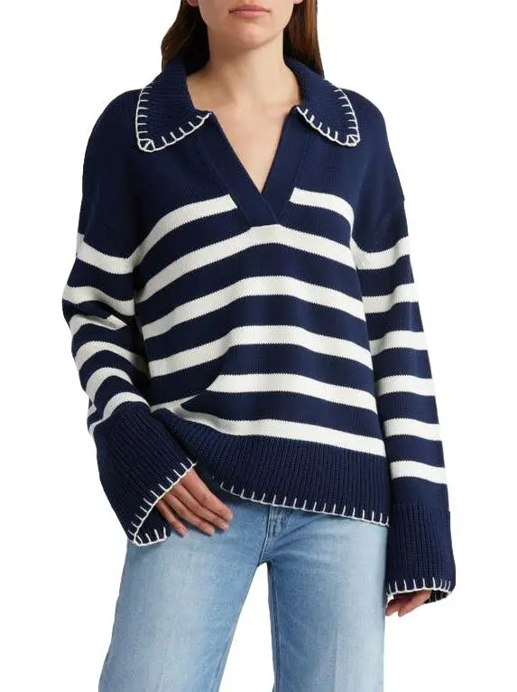 Rails Athena Stripe Cotton Polo Sweater - Navy Ivory Stripe