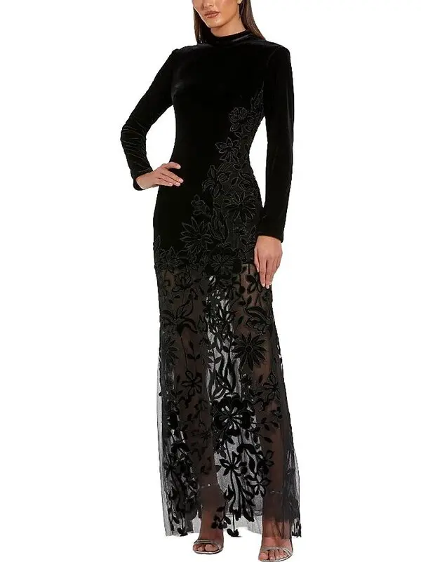 Mac Duggal Long Sleeve Sheer Floral Embroidered Velvet Gown - Black