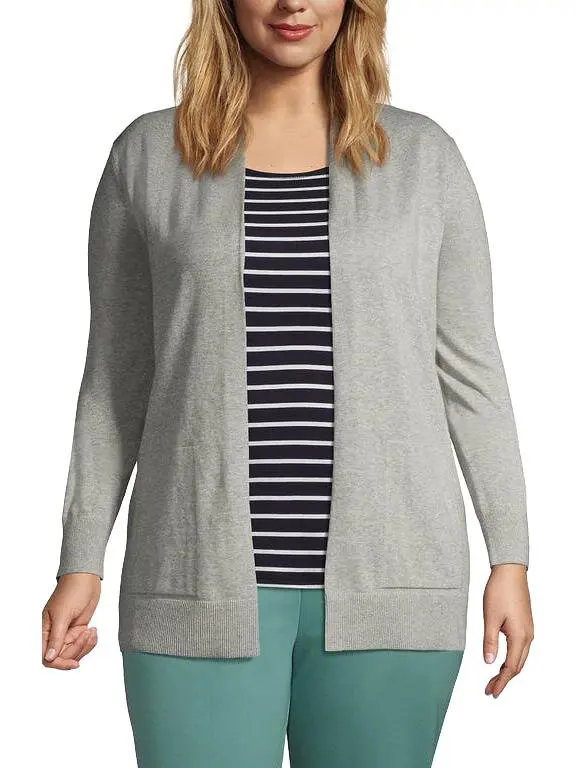 LANDS' END Long Sleeve Open Cardigan Sweater - Gray Heather