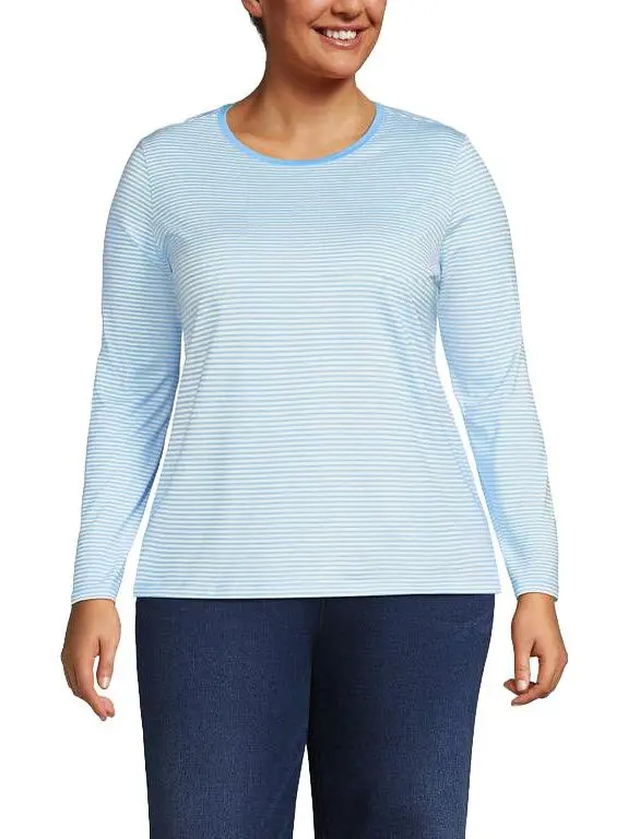 LANDS' END Supima Cotton Long Sleeve Crewneck T-shirt - Bermuda Blue Micro Stripe
