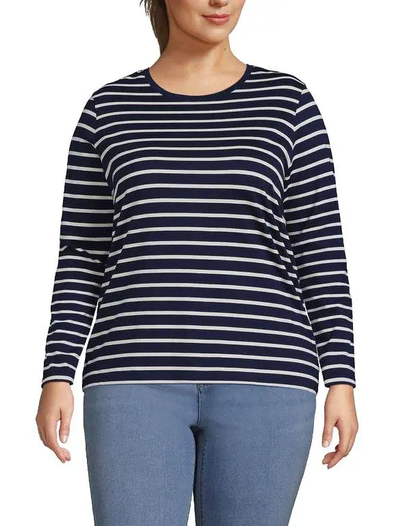 LANDS' END Relaxed Supima Cotton Long Sleeve Crew Neck T-shirt - Deep Sea Navy Breton Stripe