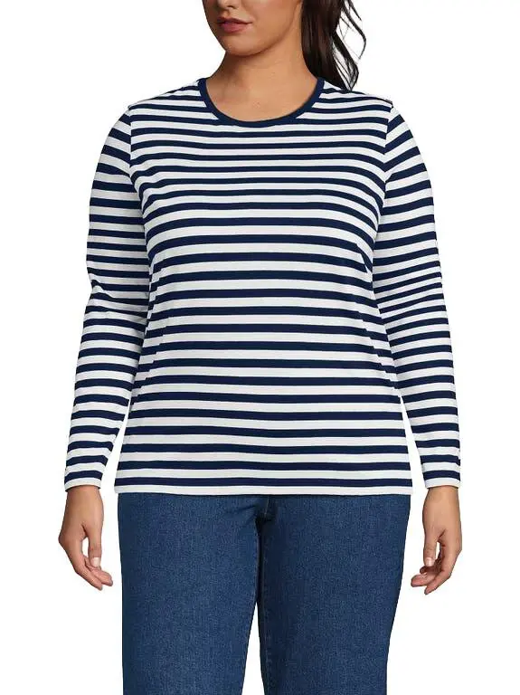 LANDS' END Supima Cotton Long Sleeve Crewneck T-shirt - Deep Sea Navy Even Stripe