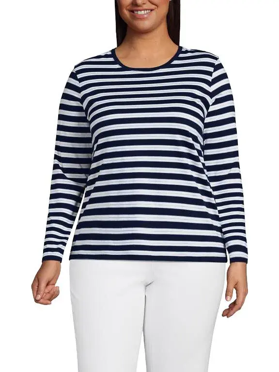 LANDS' END Supima Cotton Long Sleeve Crewneck T-shirt - Deep Sea/blue Multi Stripe