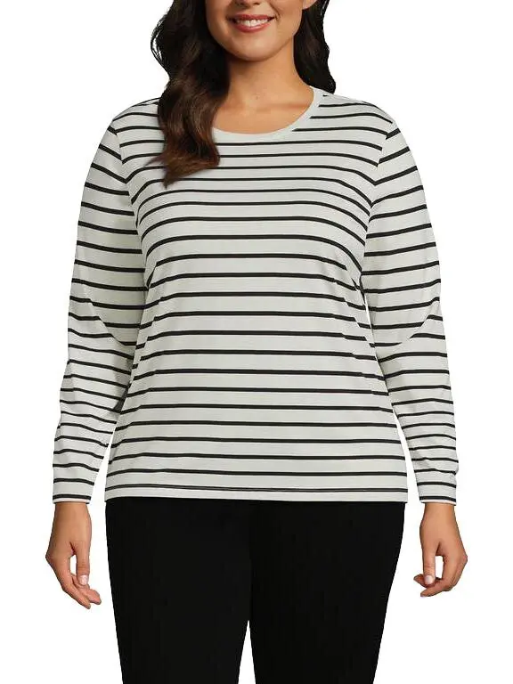 LANDS' END Supima Cotton Long Sleeve Crewneck T-shirt - Ivory/black Breton Stripe
