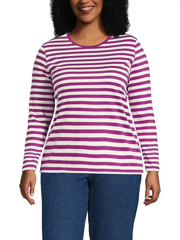 LANDS' END Relaxed Supima Cotton Long Sleeve Crew Neck T-shirt - Light Raspberry Even Stripe