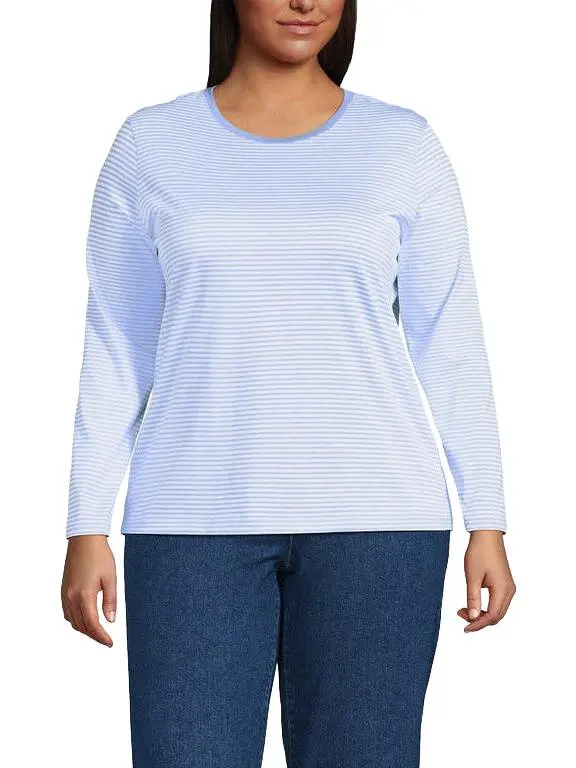LANDS' END Supima Cotton Long Sleeve Crewneck T-shirt - Light Sea Blue Micro Stripe