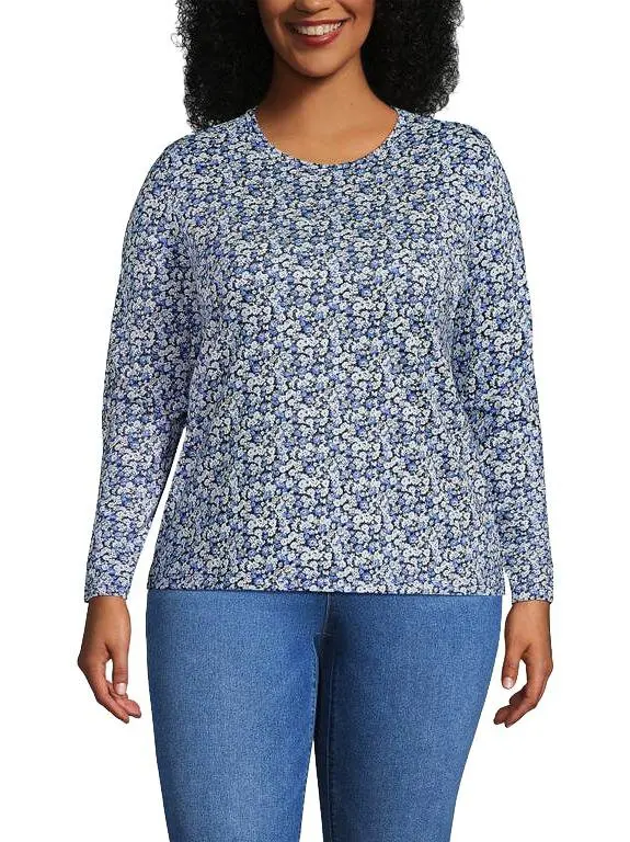 LANDS' END Supima Cotton Long Sleeve Crewneck T-shirt - Navy/clear Blue Ditsy Floral