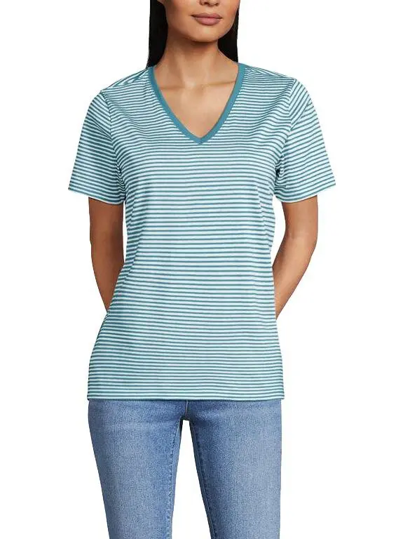 LANDS' END Supima Cotton V-neck T-shirt - Bright Aqua Micro Stripe