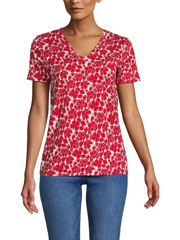 LANDS' END Supima Cotton V-neck T-shirt - Coral Red Tossed Floral