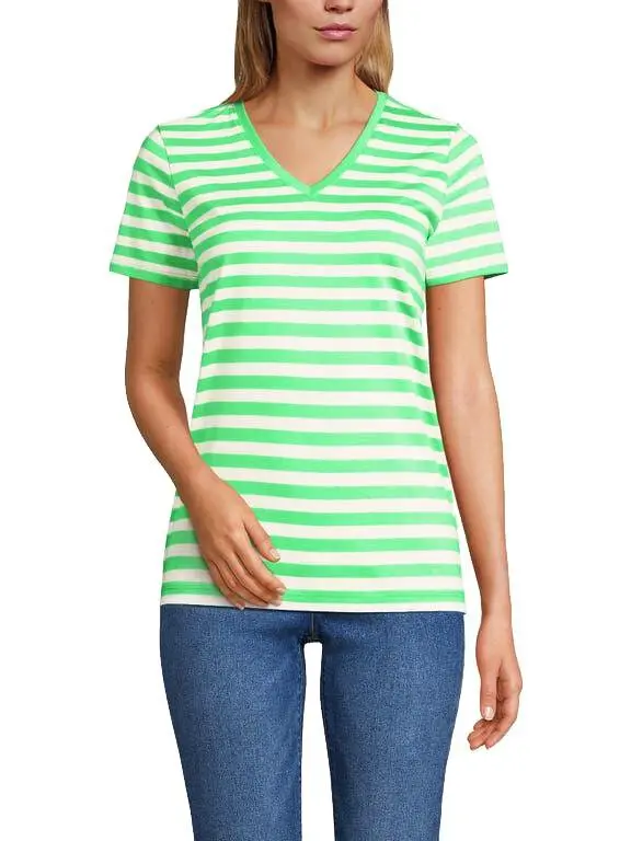 LANDS' END Supima Cotton V-neck T-shirt - Crisp Mint Even Stripe