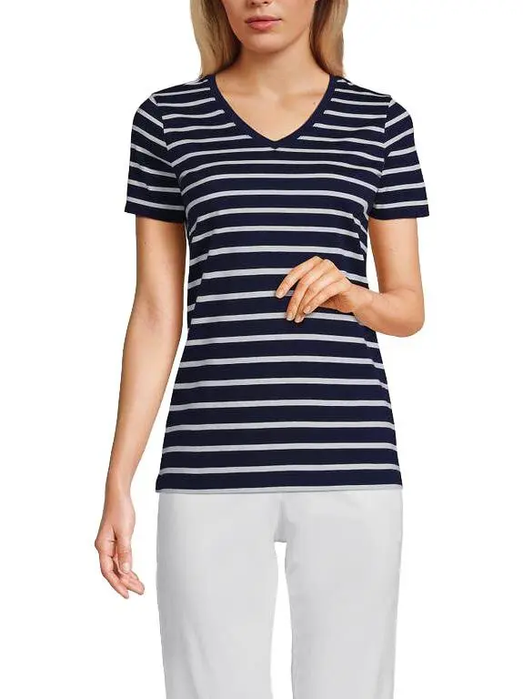LANDS' END Supima Cotton V-neck T-shirt - Deep Sea Navy Breton Stripe