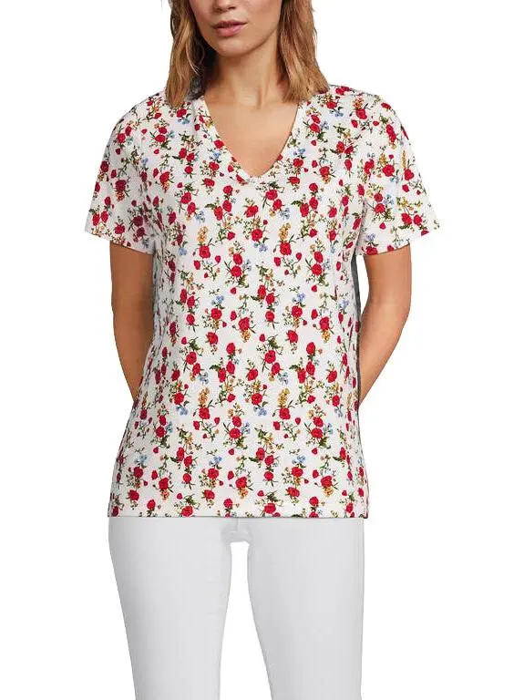 LANDS' END Relaxed Supima Cotton V-neck T-shirt - Ivory Mini Poppy Floral