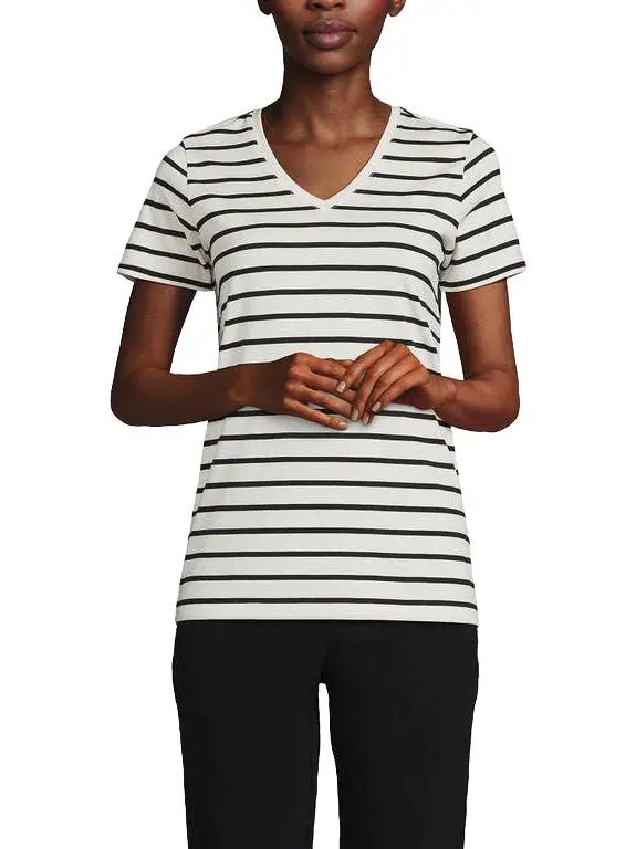 LANDS' END Supima Cotton V-neck T-shirt - Ivory/black Breton Stripe