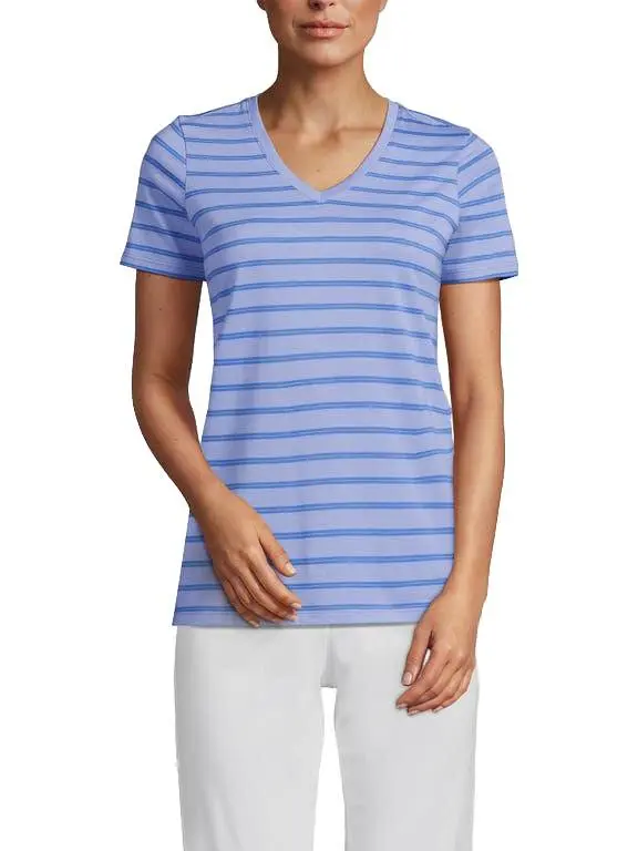 LANDS' END Supima Cotton V-neck T-shirt - Light Cornflower Dual Stripe