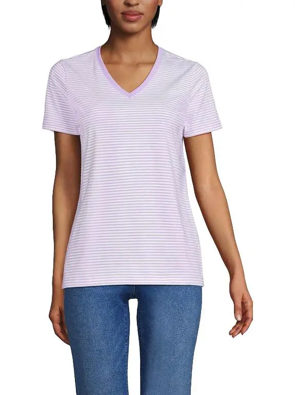 LANDS' END Supima Cotton V-neck T-shirt - Lilac Petal/ivory Micro Stripe