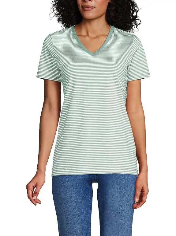 LANDS' END Supima Cotton V-neck T-shirt - Lily Pad Green Micro Stripe