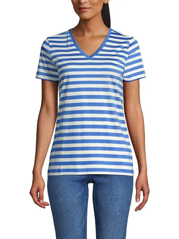 LANDS' END Relaxed Supima Cotton V-neck T-shirt - Muted Cobalt Even Stripe