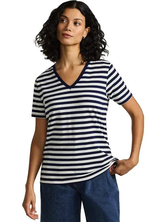 LANDS' END Supima Cotton V-neck T-shirt - Navy/winter Pear Bold Stripe