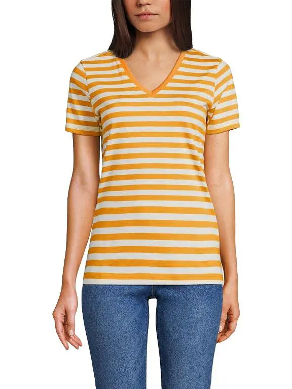 LANDS' END Supima Cotton V-neck T-shirt - Sweet Mango Even Stripe