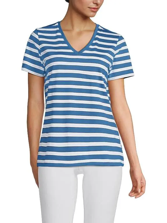 LANDS' END Relaxed Supima Cotton V-neck T-shirt - Teal Blue Ocean Multi Stripe