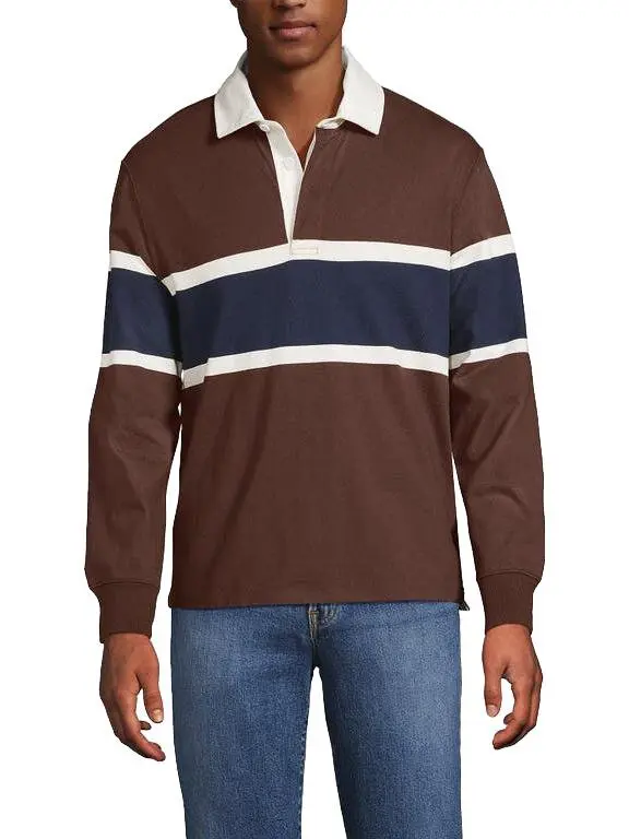 LANDS' END Long Sleeve Rugby Shirt - Dark Walnut Brown/navy Stripe