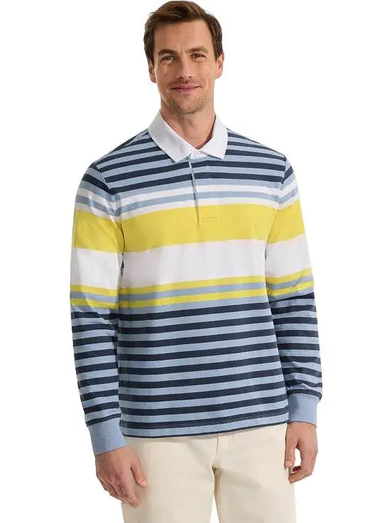 LANDS' END Long Sleeve Rugby Shirt - Deep Ocean/yellow Stripe