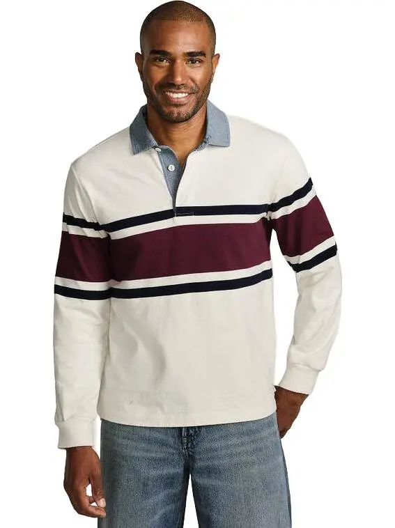 LANDS' END Long Sleeve Rugby Shirt - Ivory/rich Burgundy Stripe
