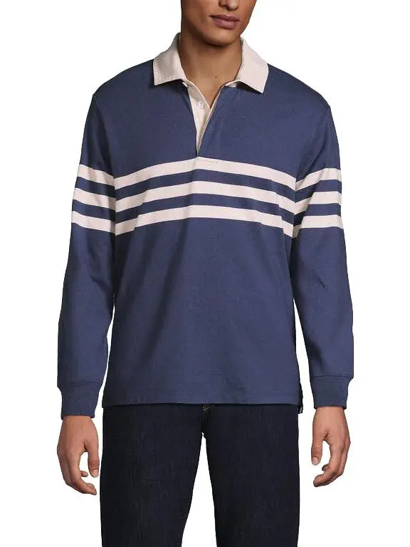 LANDS' END Long Sleeve Rugby Shirt - Nightfall Blue/ivory Stripe