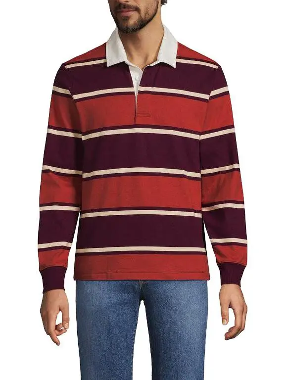 LANDS' END Long Sleeve Rugby Shirt - Rich Burgundy/bourbon Stripe