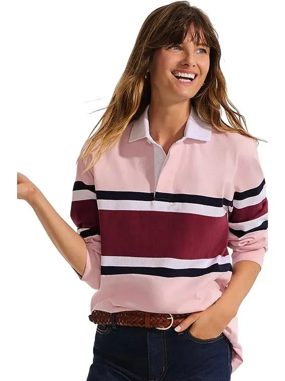 LANDS' END Long Sleeve Rugby Shirt - Sea Salt Pink Stripe